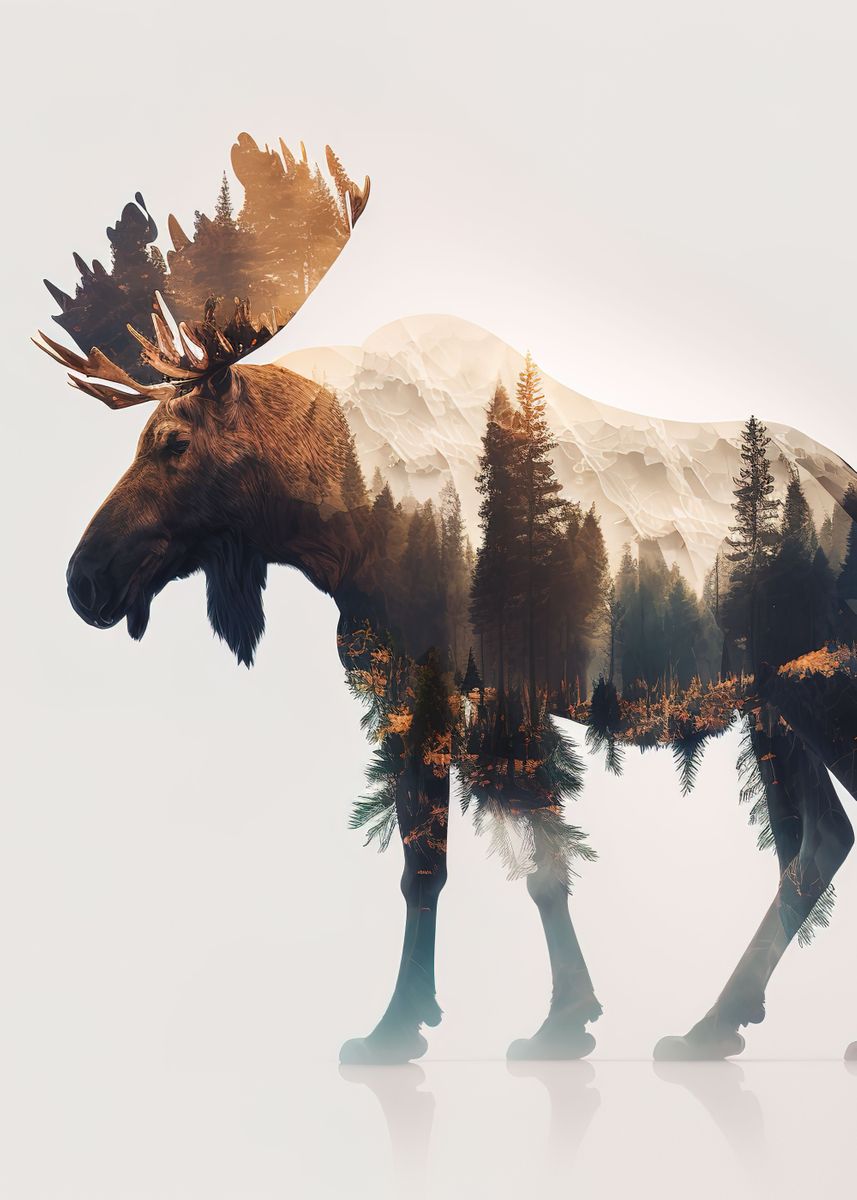 'moose double exposure ' Poster, picture, metal print, paint by Chloe ...