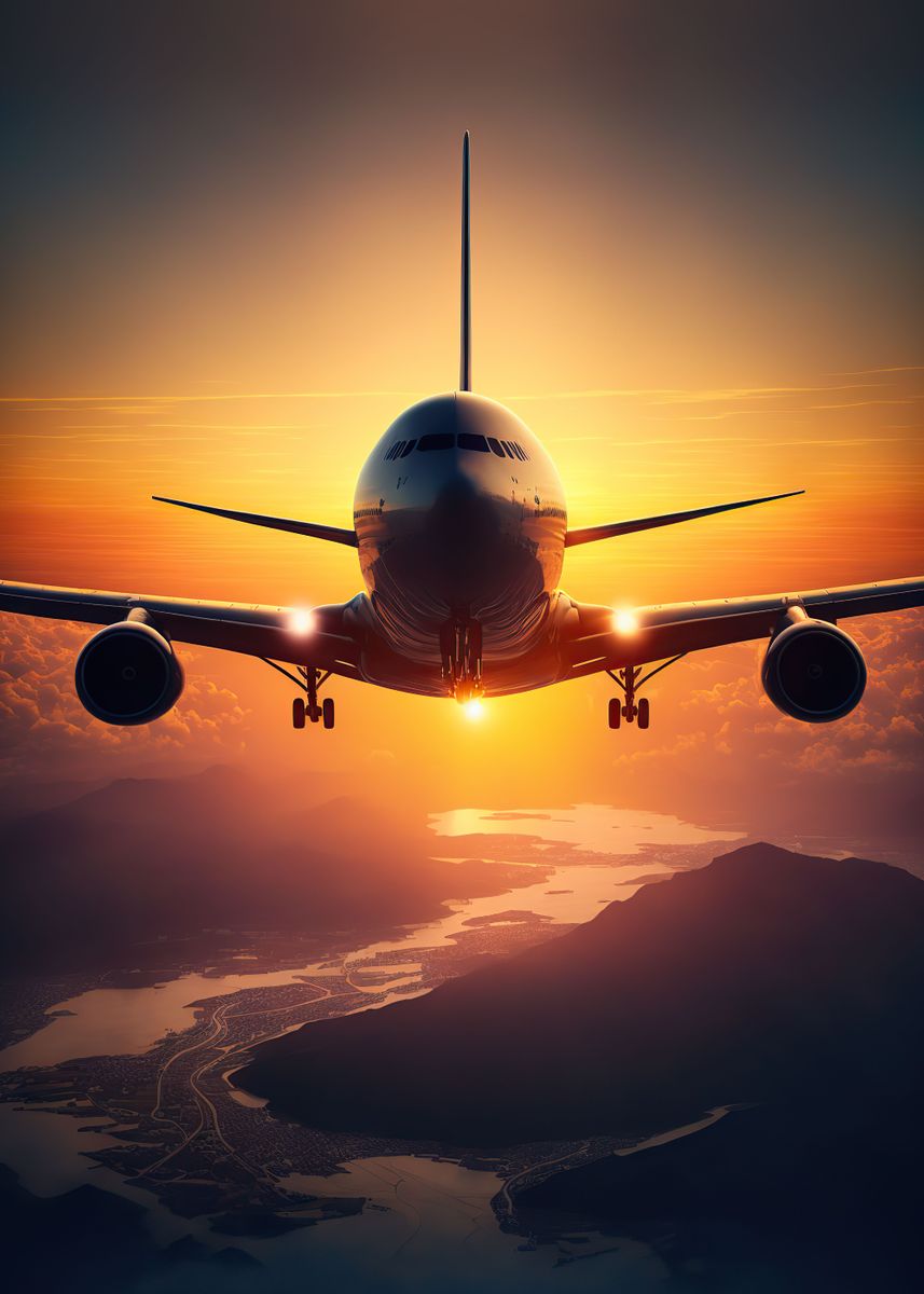'plane sunset' Poster, picture, metal print, paint by Marina Laing ...
