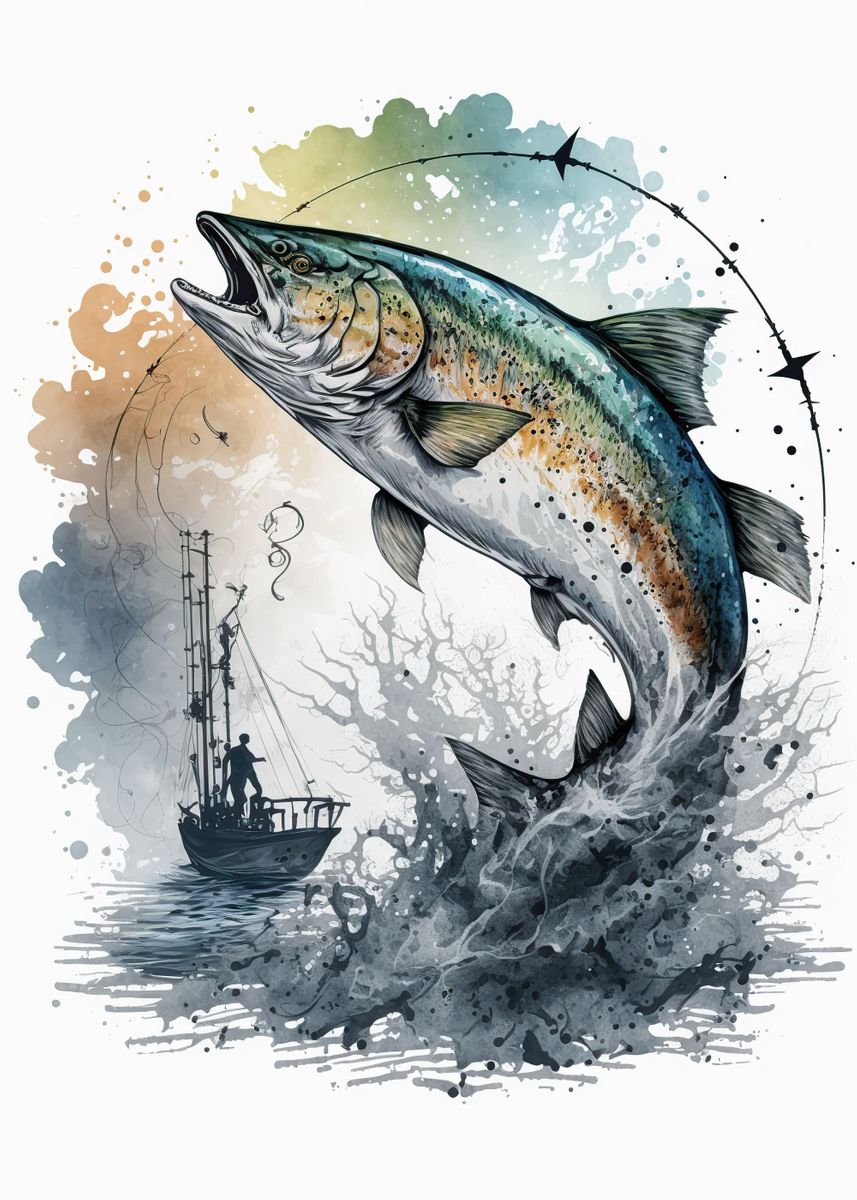 'go fishing watercolor ' Poster, picture, metal print, paint by Elly ...
