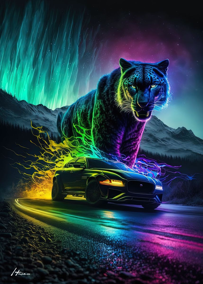 'Sport Neon Car and tiger' Poster, picture, metal print, paint by ...