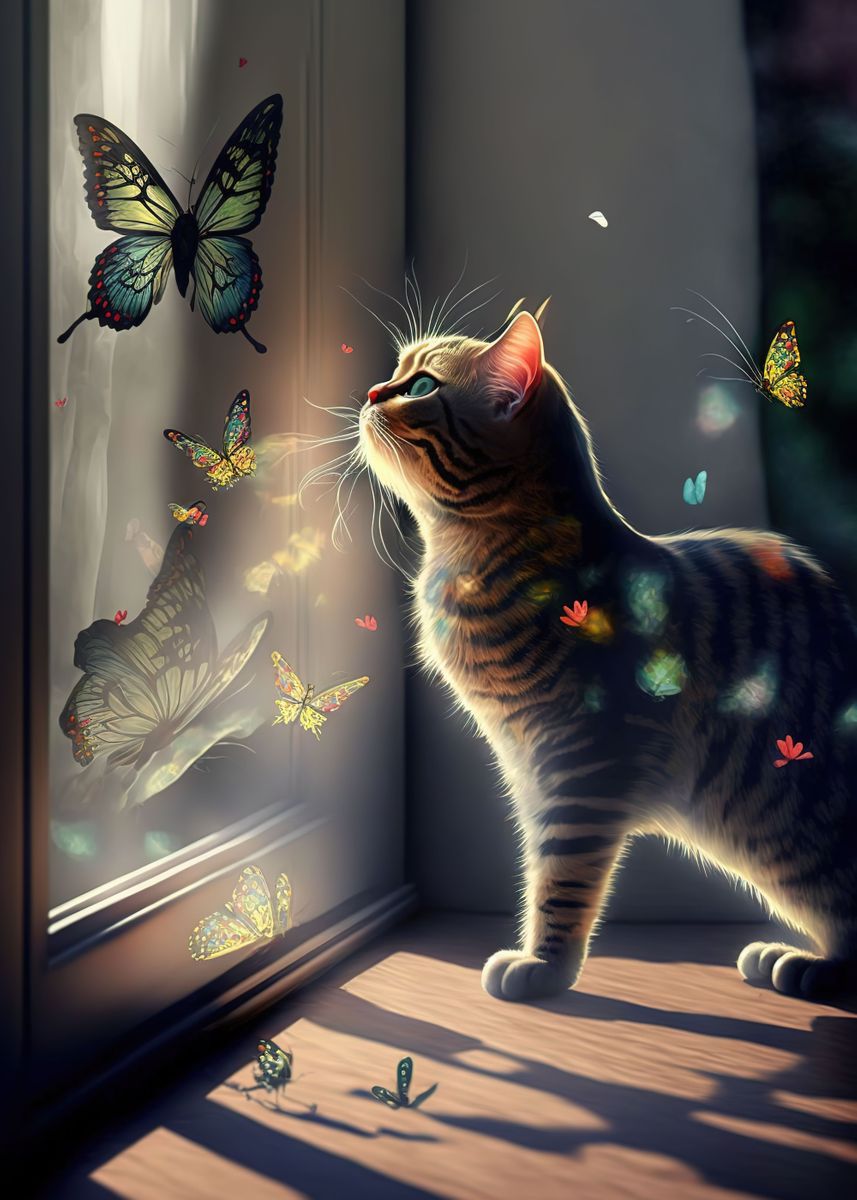 'cat butterfly ' Poster, picture, metal print, paint by Elysia | Displate