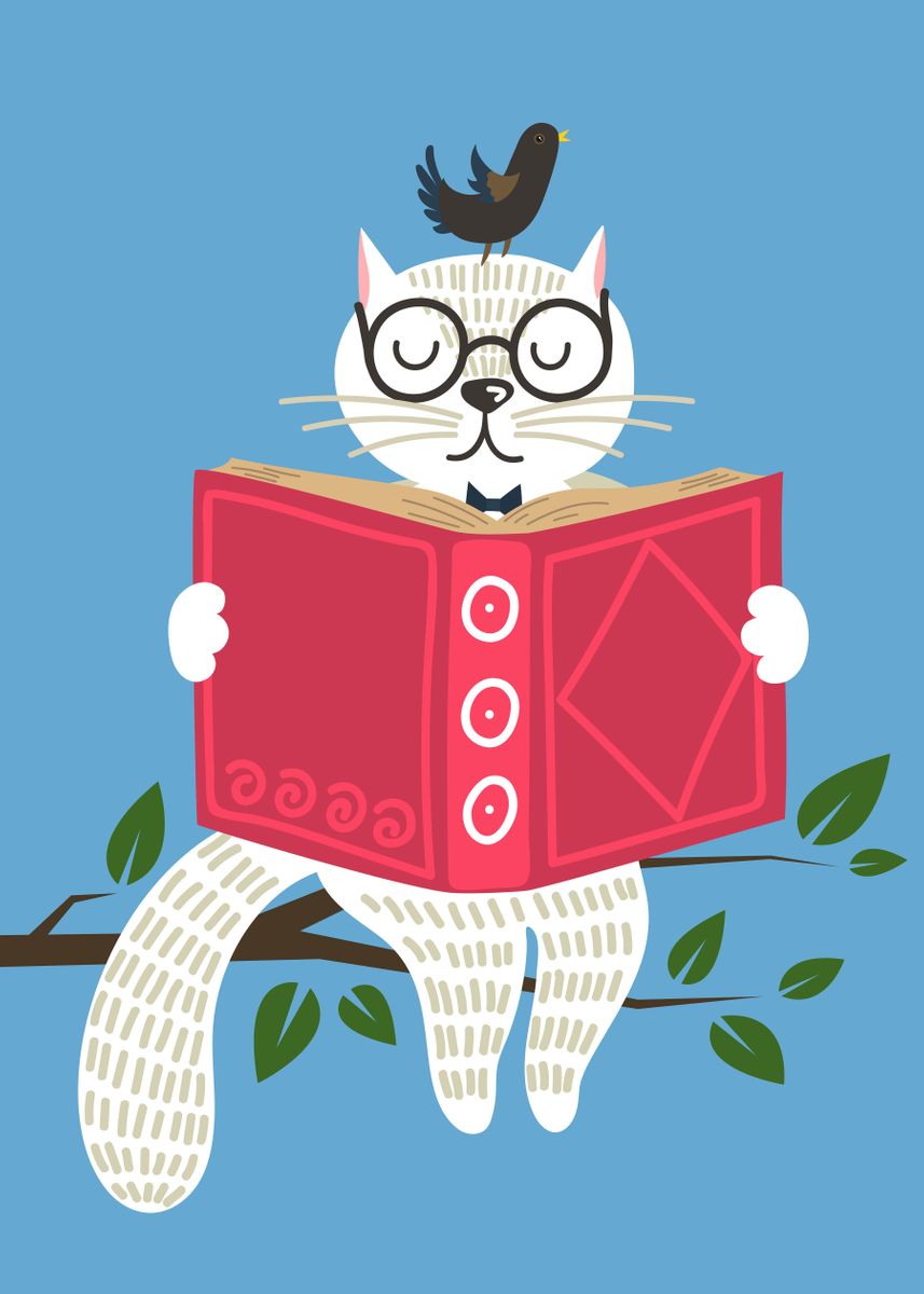 'Cat reading book' Poster, picture, metal print, paint by Queensy ...