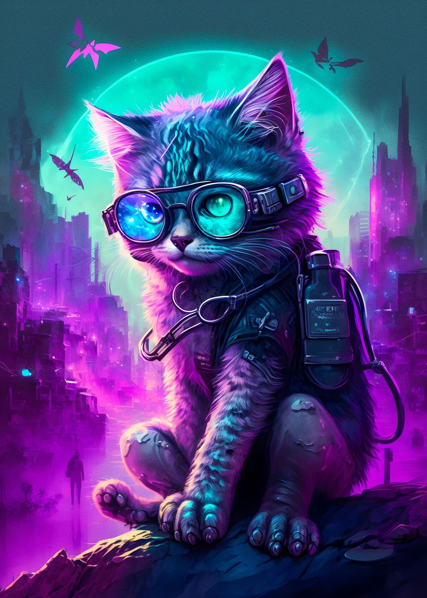 'Cyberpunk cute kitten' Poster, picture, metal print, paint by Elz art ...