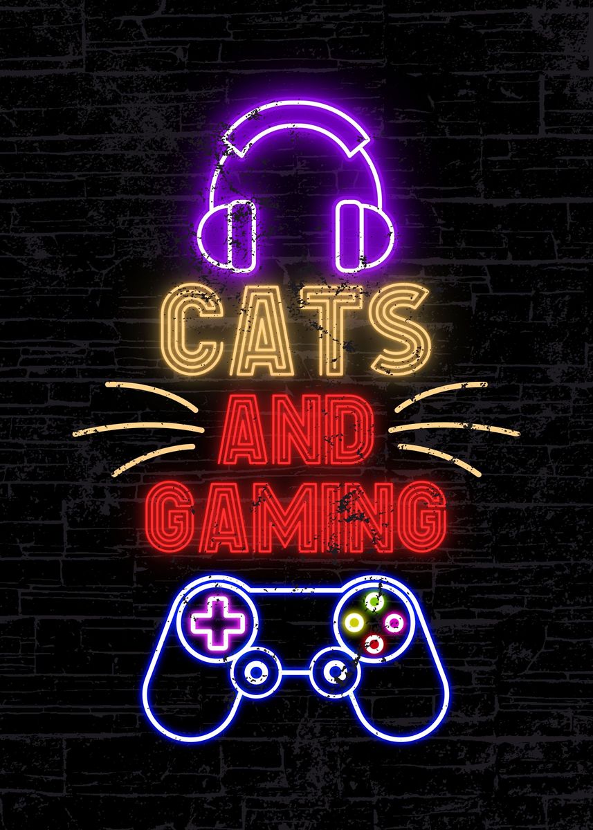 'Cats and Gaming Neon' Poster, picture, metal print, paint by Yess ...