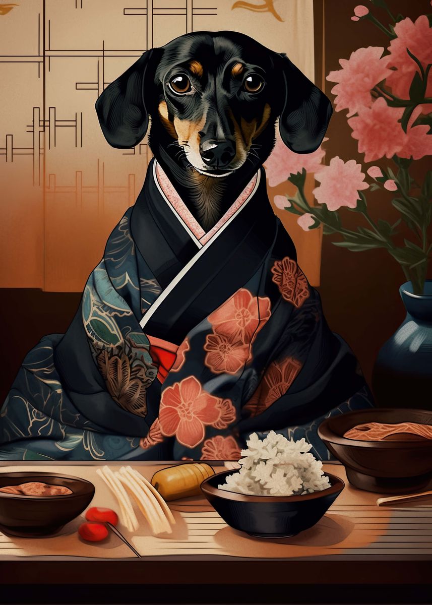 'Dachshund Japanese Food' Poster, picture, metal print, paint by PetPrints | Displate