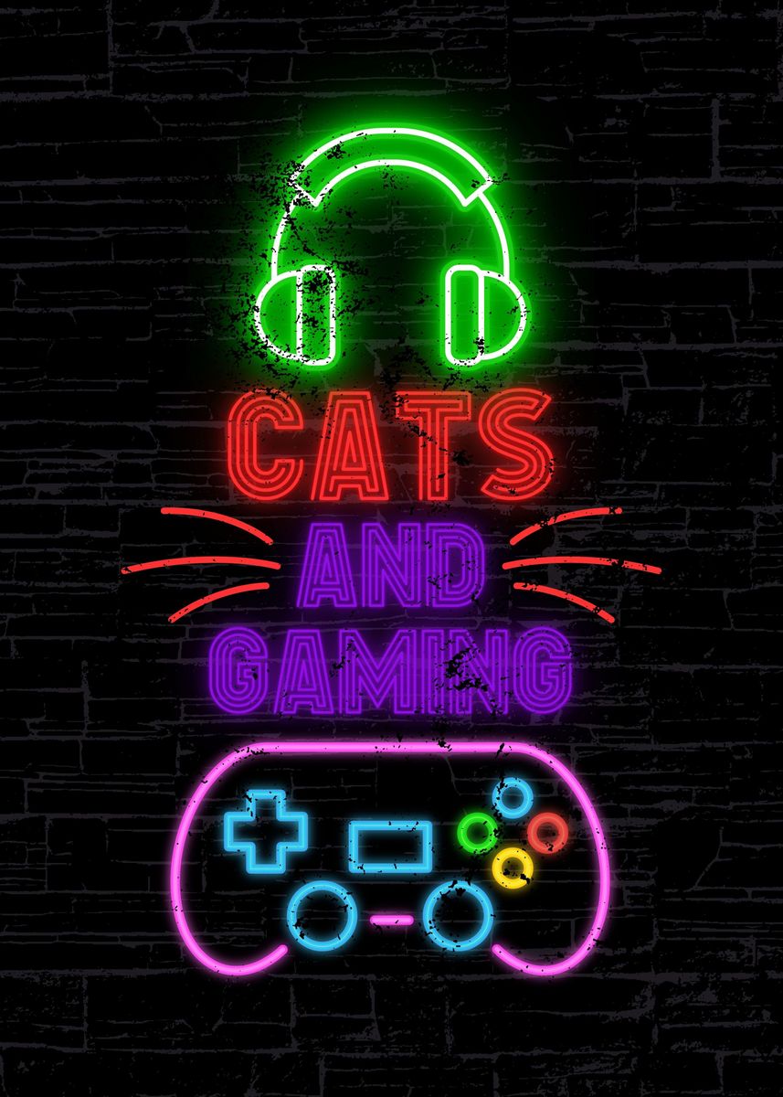 'Cats and Gaming Neon' Poster, picture, metal print, paint by Yess ...