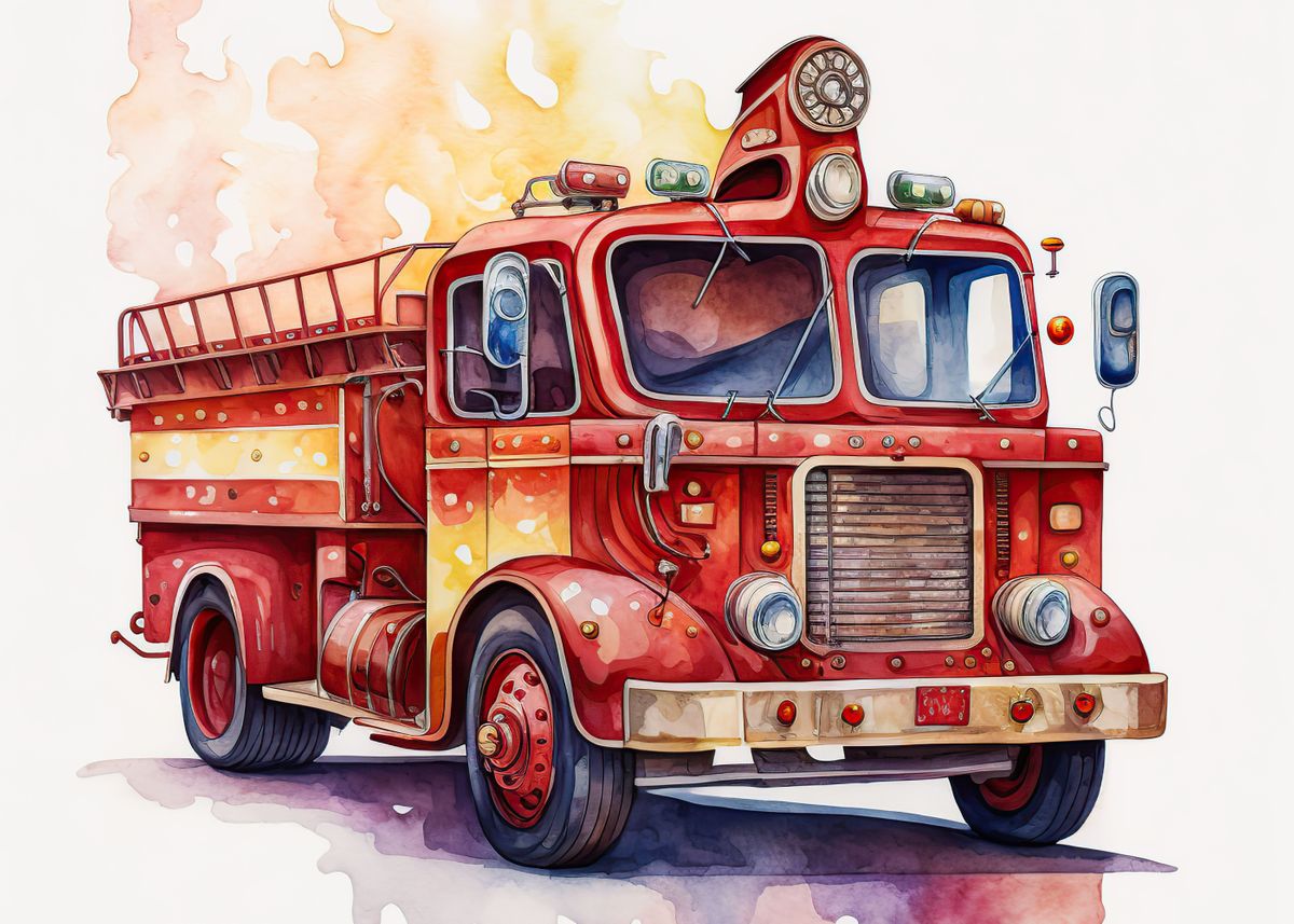 'fire truck watercolor' Poster by Sohail Rees | Displate