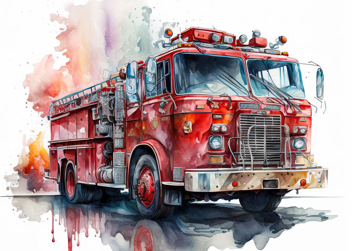 'fire truck watercolor' Poster by Sohail Rees | Displate