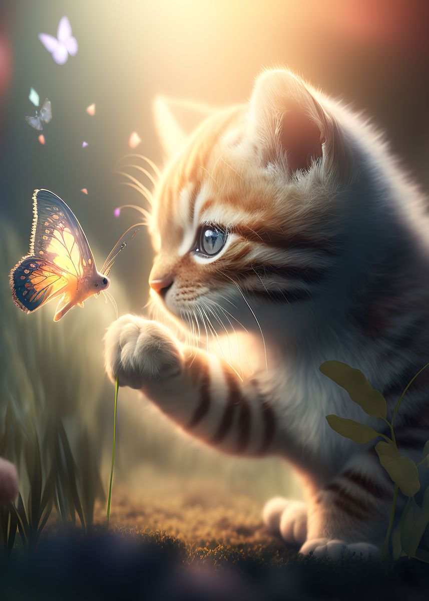 'cat butterfly ' Poster, picture, metal print, paint by Elysia | Displate