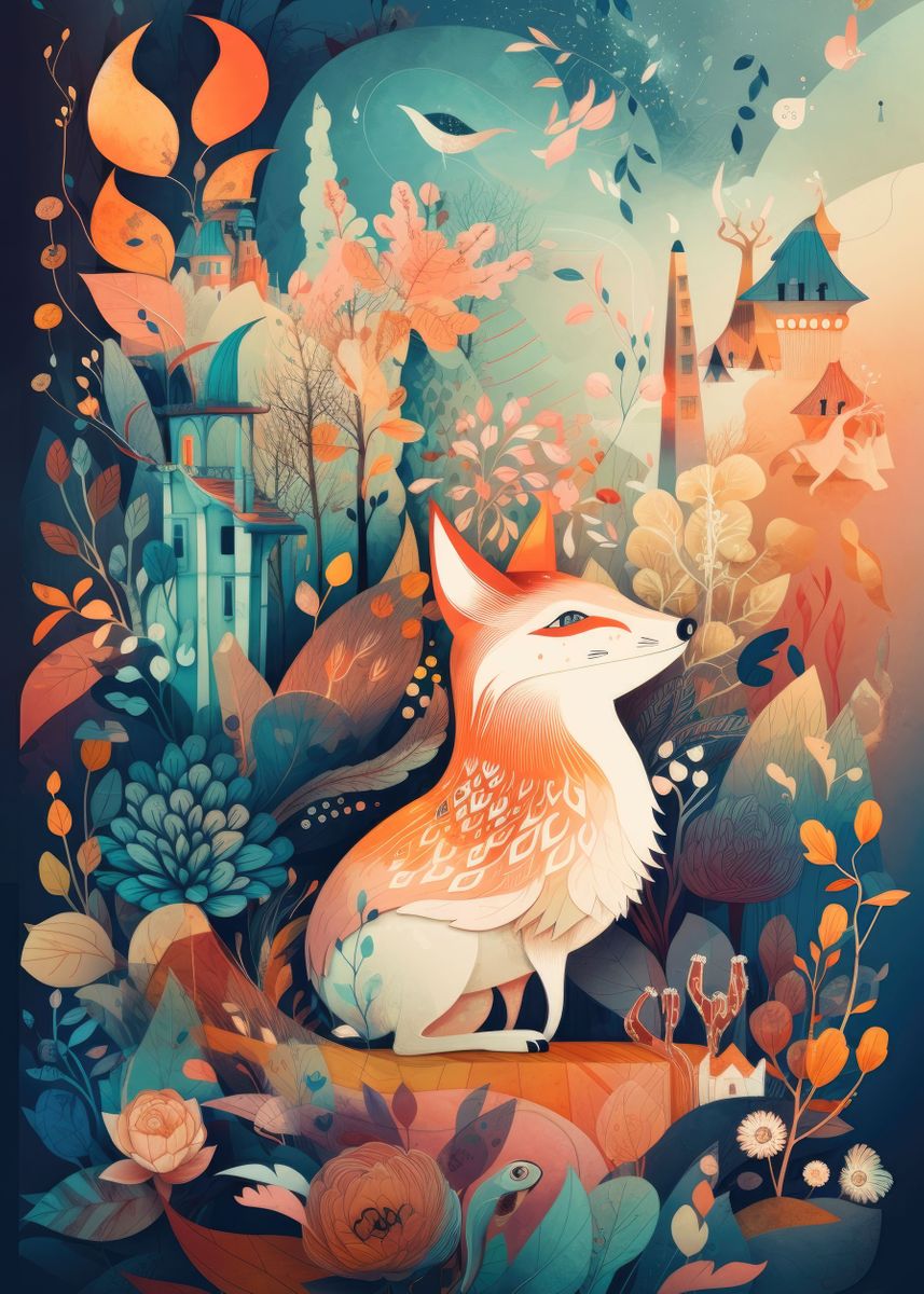 'Whimsical Dreamy Cute Fox' Poster, picture, metal print, paint by ...