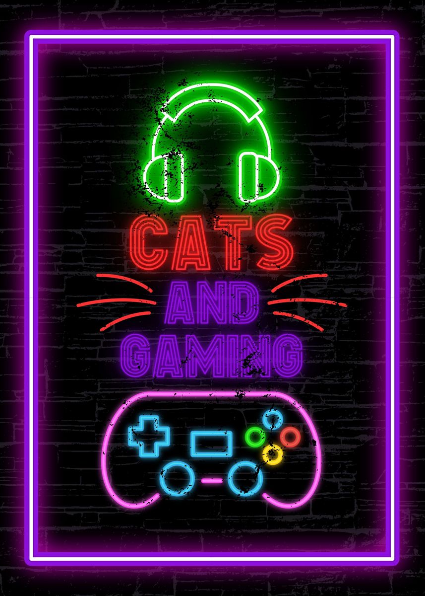 'Cats and Gaming Neon' Poster, picture, metal print, paint by Yess ...