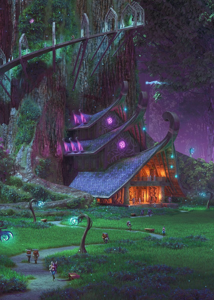 'Elven Town' Poster, picture, metal print, paint by dreamwalker | Displate