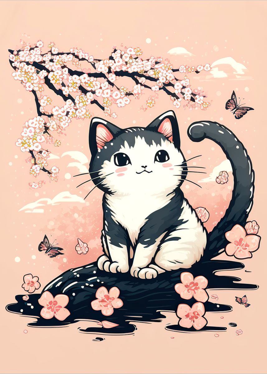 'Cherry Blossom Cat Japan' Poster, picture, metal print, paint by Rida ...