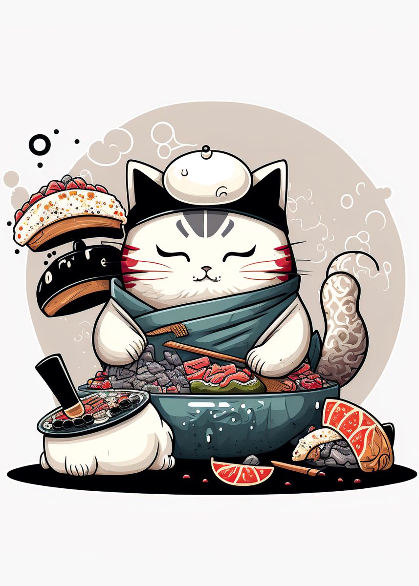 'Sushi Cat Chef Japan' Poster, picture, metal print, paint by ...