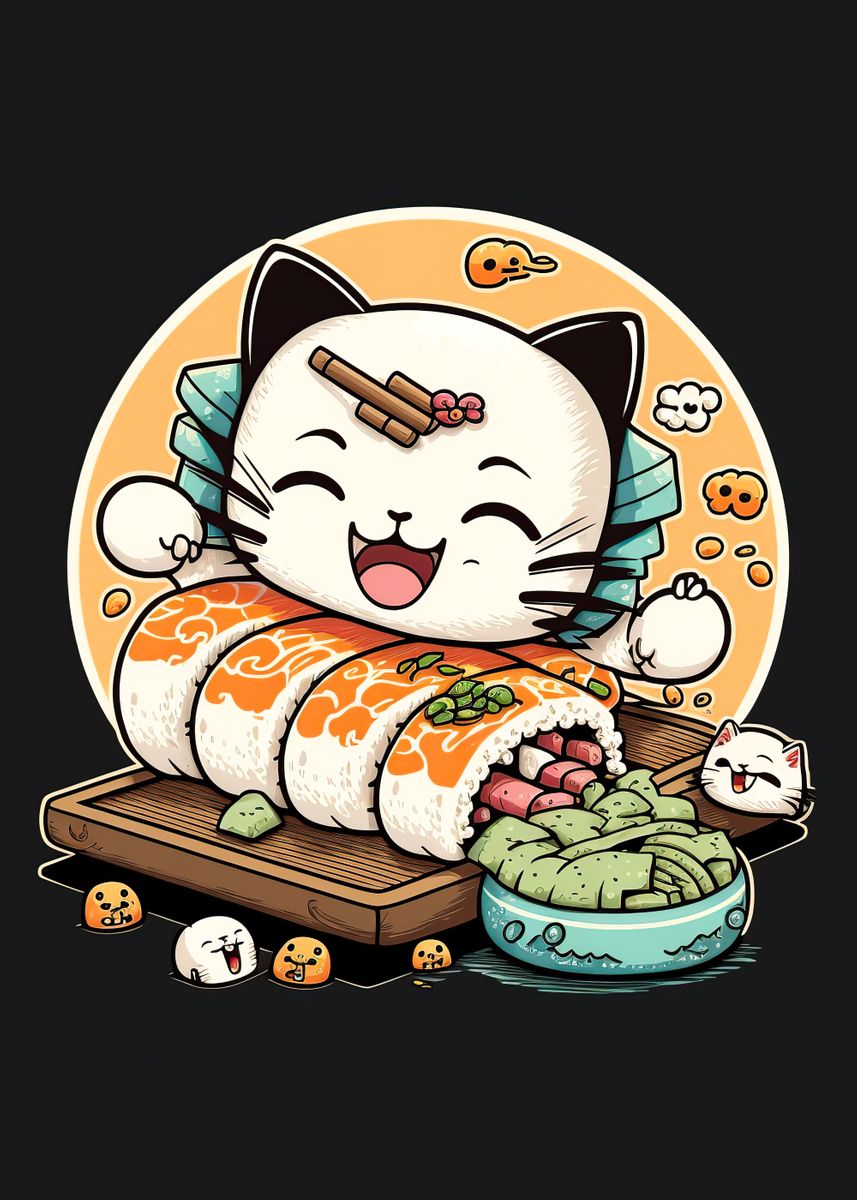 'Sushi Cat Chef Japan' Poster, picture, metal print, paint by ...
