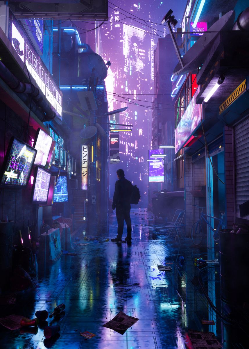 'Dark Neon Night' Poster, picture, metal print, paint by adix | Displate