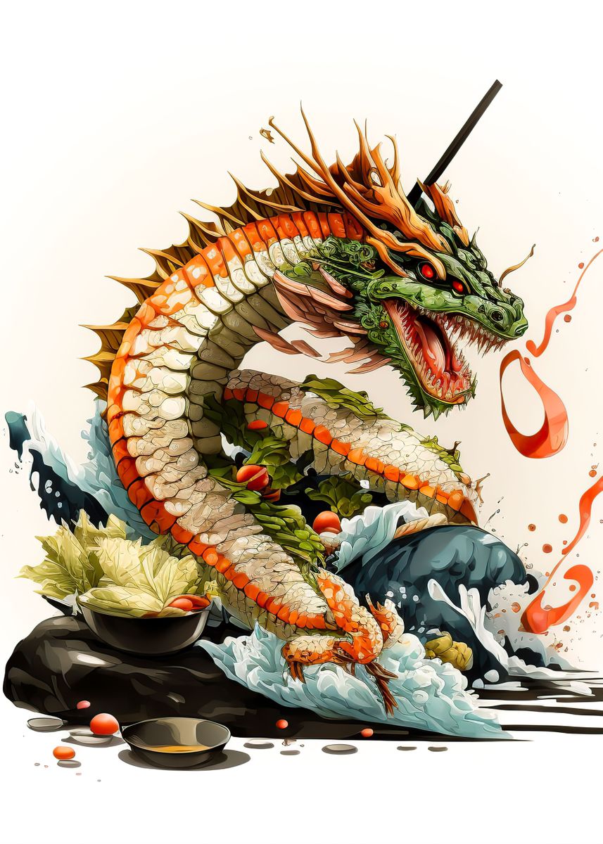 'Great Sushi Dragon' Poster, picture, metal print, paint by Angelina ...