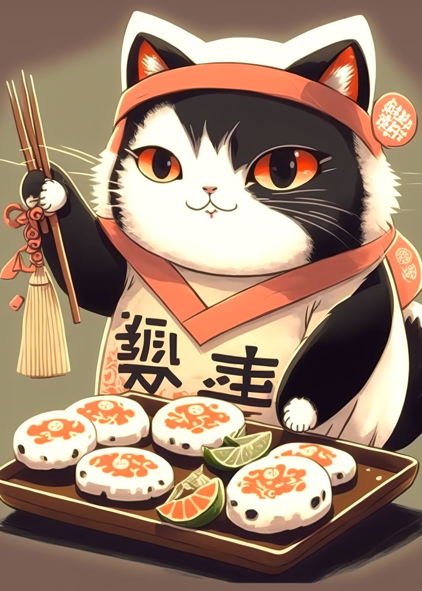 'Sushi Cat Chef Japan' Poster, picture, metal print, paint by ...