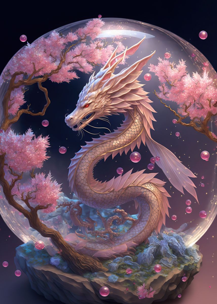'cherry blossom dragon' Poster, picture, metal print, paint by Coral Blackwell | Displate