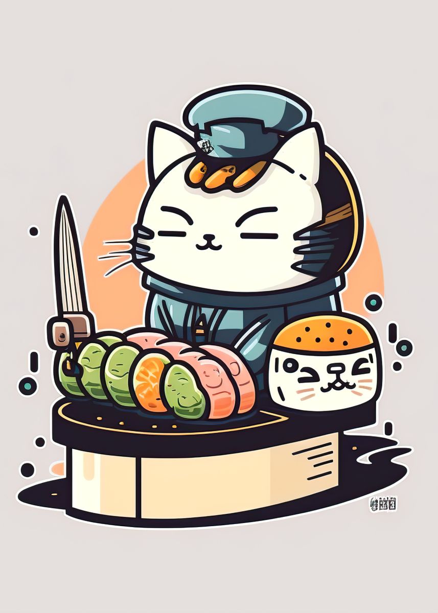 'Sushi Cat Chef Japan' Poster by Silhouette Anime Art | Displate