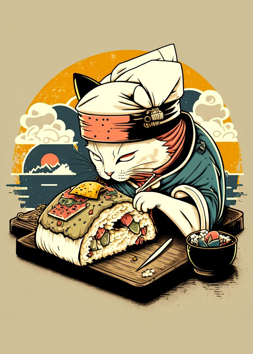 'Sushi Cat Chef Japan' Poster, picture, metal print, paint by ...