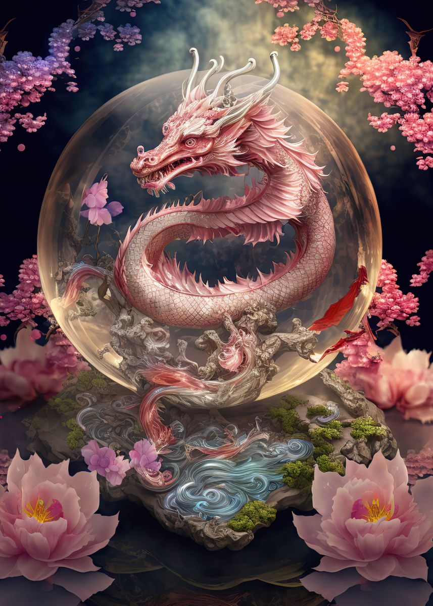 'cherry blossom dragon' Poster, picture, metal print, paint by Coral Blackwell | Displate