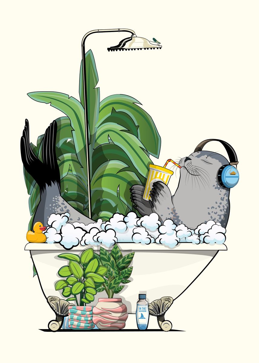 'Seal Reading in the Bath ' Poster, picture, metal print, paint by ...