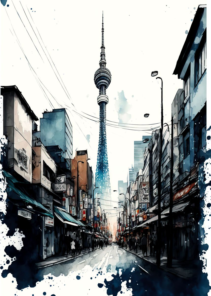 'Tokyo city watercolor' Poster, picture, metal print, paint by Childs ...