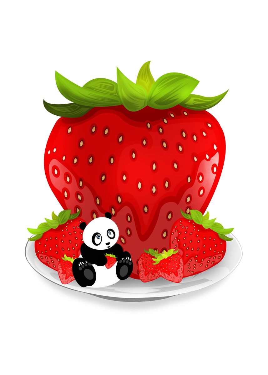 'Panda And Strawberries ' Poster, picture, metal print, paint by ...