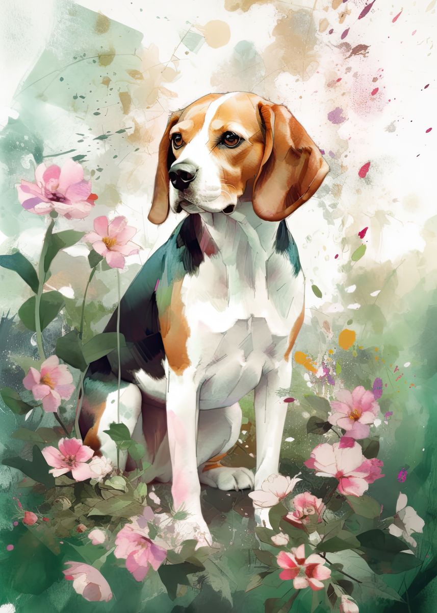 'Beagle Dog Flowers' Poster, picture, metal print, paint by PetPrints | Displate
