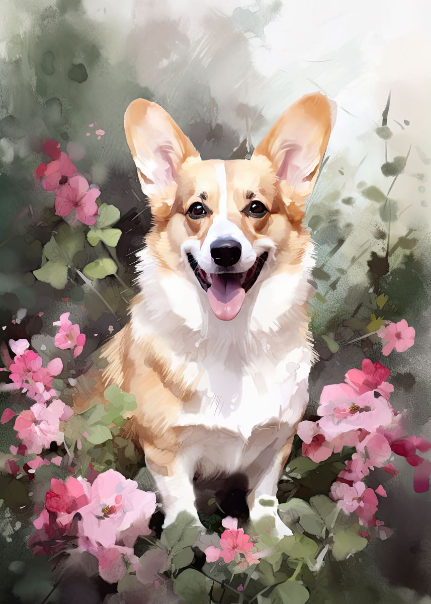 'Corgi Dog Flowers' Poster, picture, metal print, paint by PetPrints | Displate