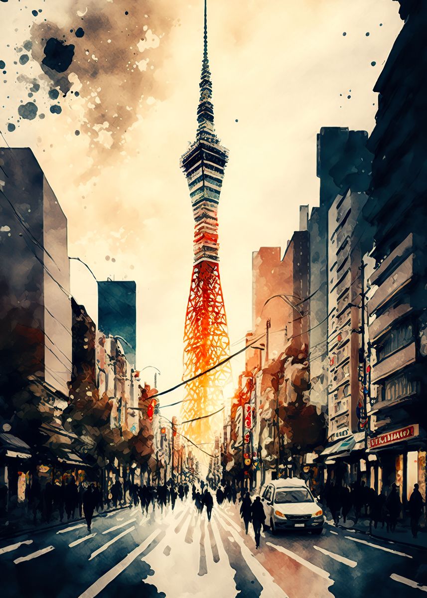 'Tokyo city watercolor' Poster, picture, metal print, paint by Childs ...