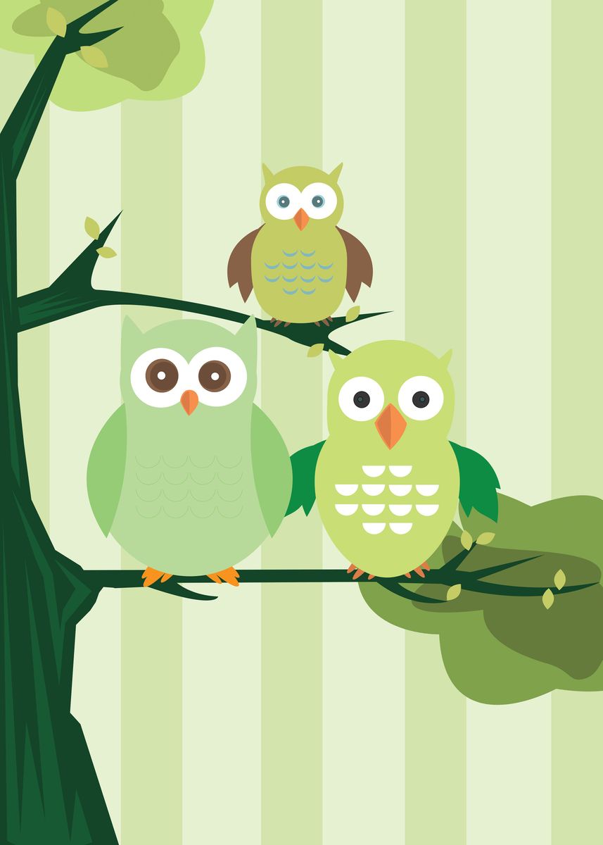 'Green Owls' Poster, picture, metal print, paint by Adamzworld | Displate
