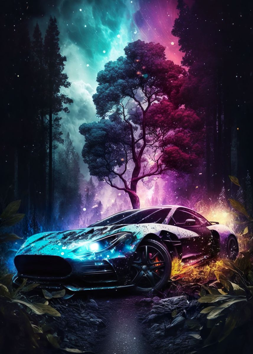 'Vibrant Car in Forest' Poster, picture, metal print, paint by ...
