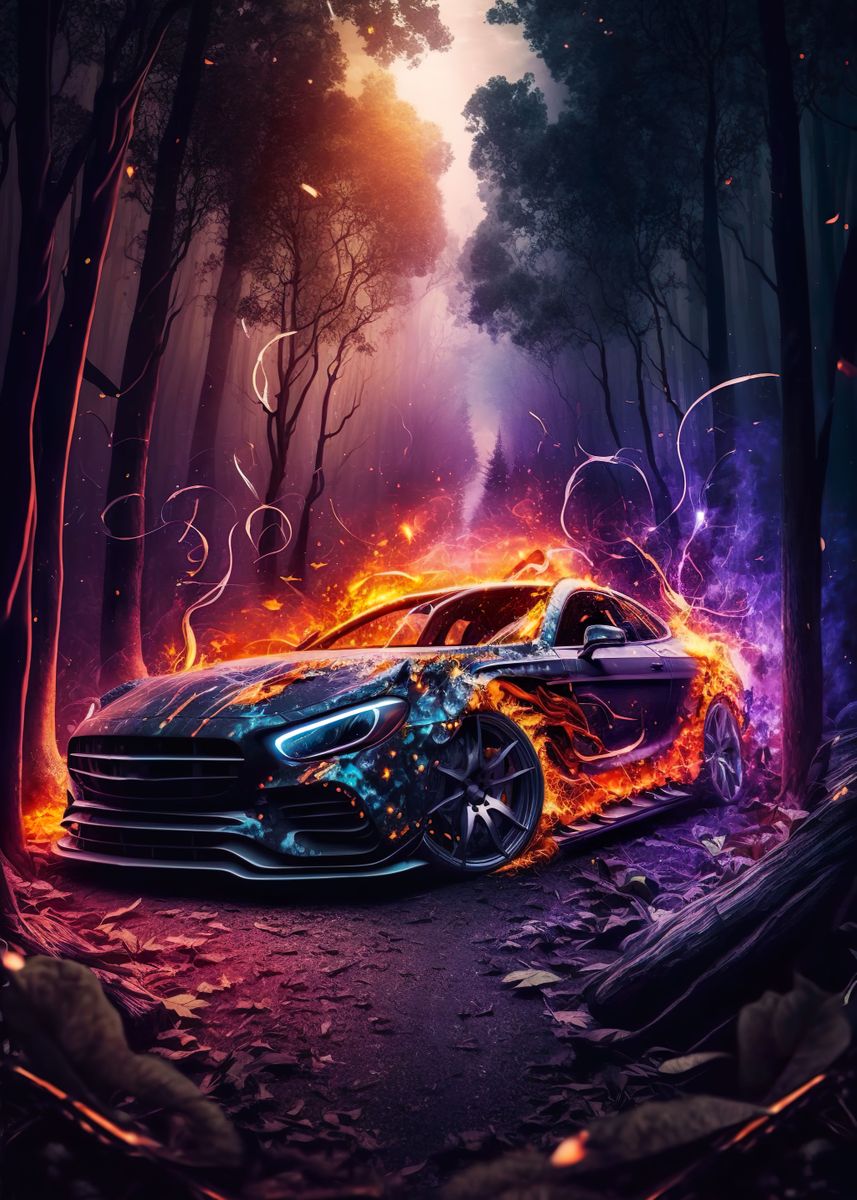 'Lightning Car in Forest' Poster, picture, metal print, paint by ...