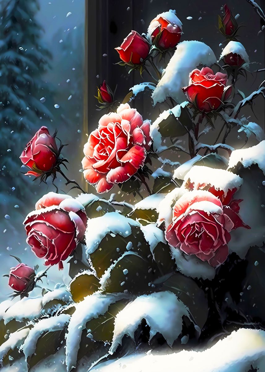 'Red Rose Flowers in Snow' Poster, picture, metal print, paint by ...