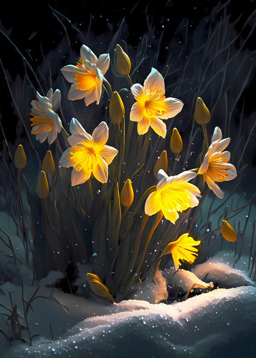 'White Lilies Flowers Snow' Poster, picture, metal print, paint by ...