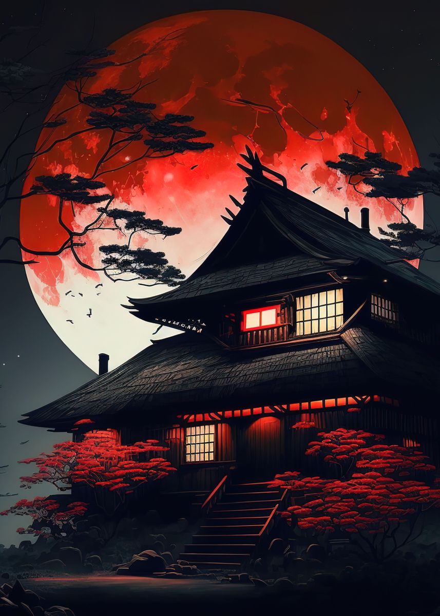 'red moon night japan' Poster, picture, metal print, paint by Anime ...