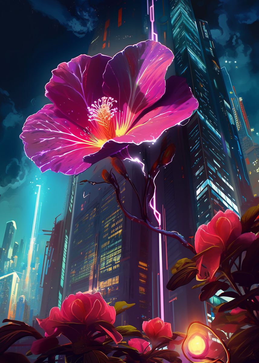 'Cyber Hibiscus' Poster, picture, metal print, paint by Izakki | Displate