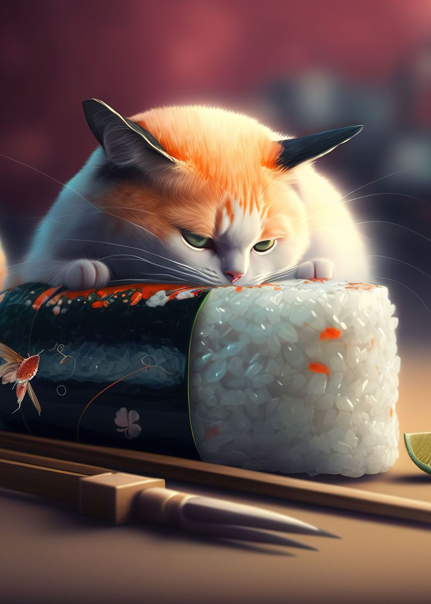 'Cat Sushi' Poster, picture, metal print, paint by Peter Li | Displate