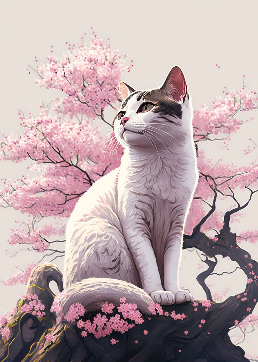 'Cat Cherry Blossoms' Poster, picture, metal print, paint by NeoRowe ...