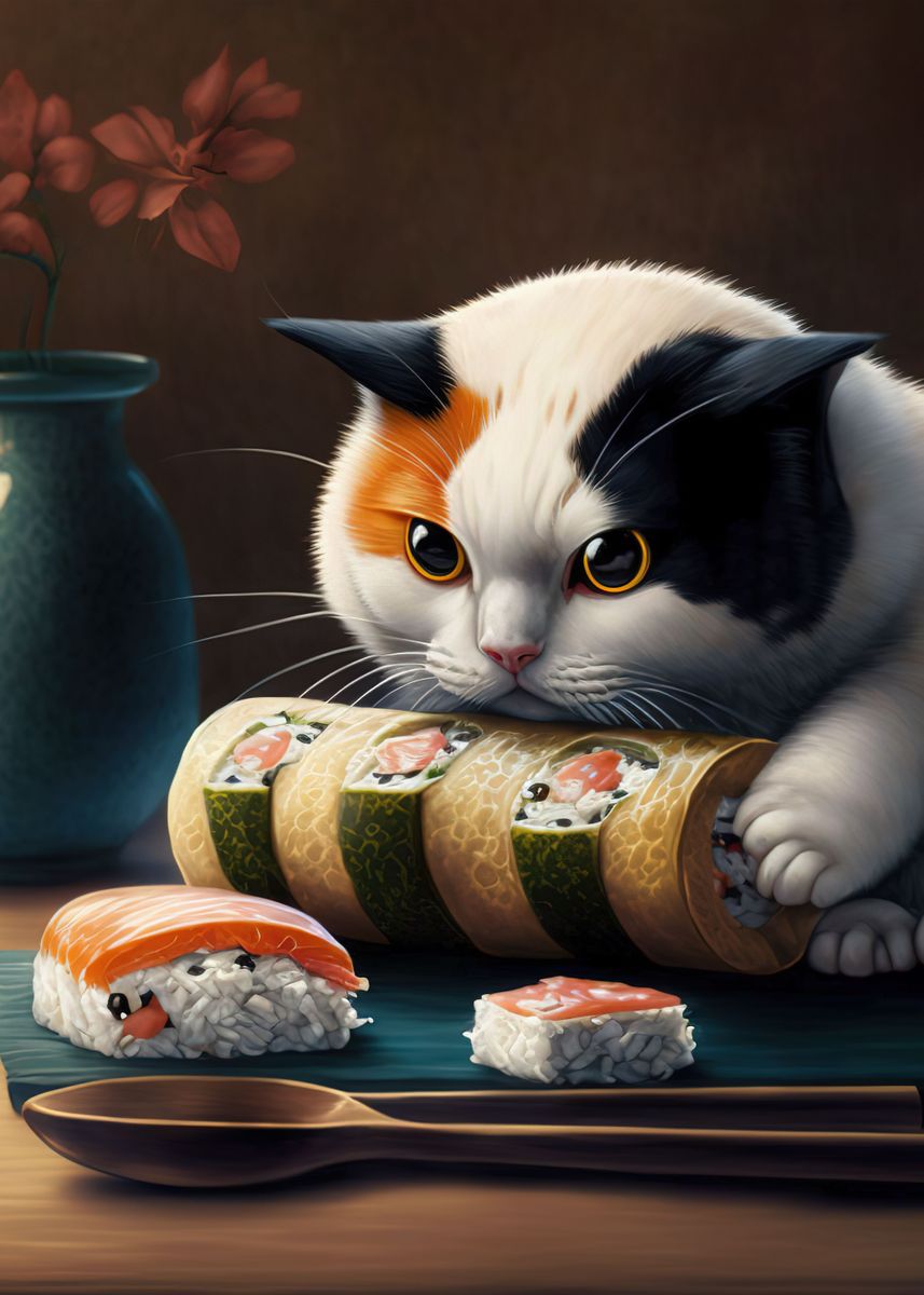 'Cat Sushi' Poster, picture, metal print, paint by Peter Li | Displate