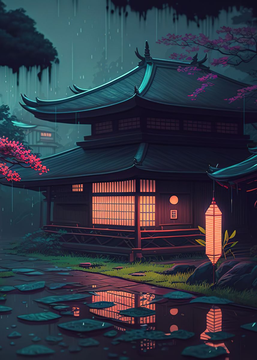 'Night Japan House' Poster, picture, metal print, paint by Anime Manga ...