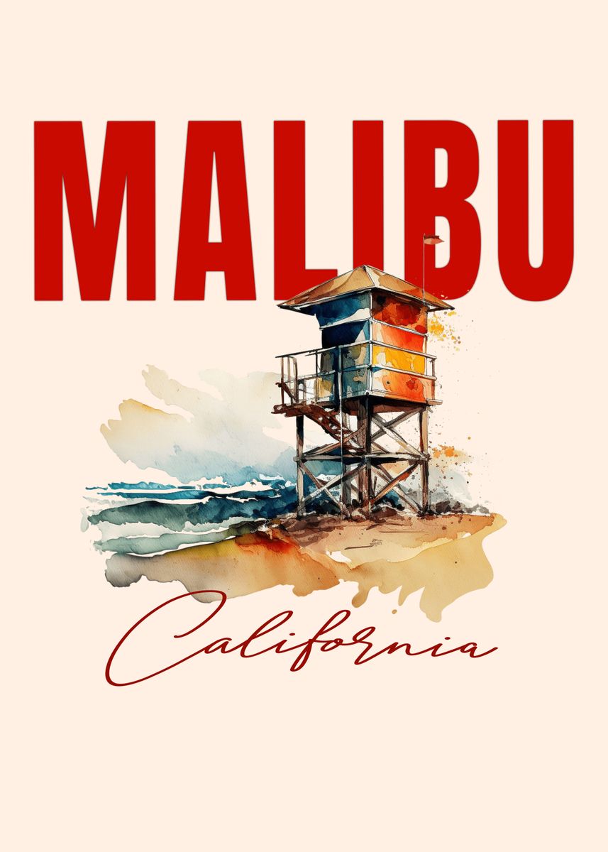 'MALIBU CALIFORNIA' Poster, picture, metal print, paint by Atomic Chinook | Displate