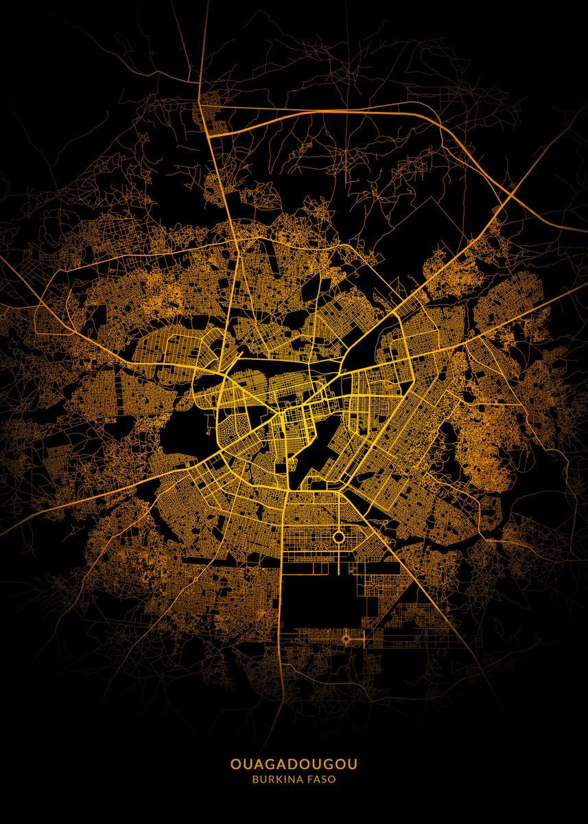 'Ouagadougou City Map Gold' Poster, picture, metal print, paint by ...