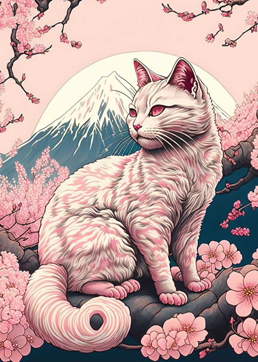 'Cat Cherry Blossoms' Poster, picture, metal print, paint by NeoRowe ...