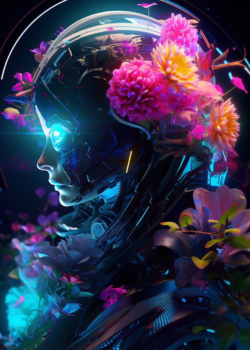 'Floral Cyborg' Poster, picture, metal print, paint by Izakki | Displate