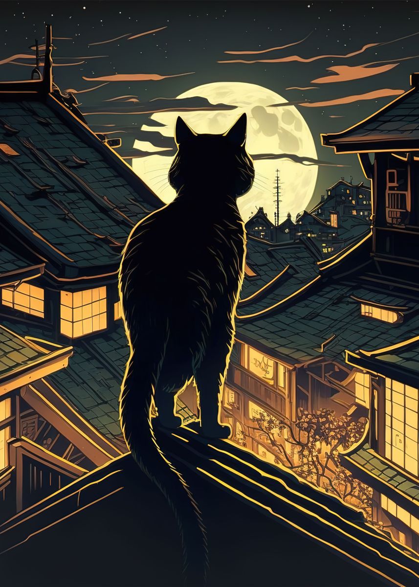 'The Moon Night Cat Japan ' Poster, picture, metal print, paint by ...