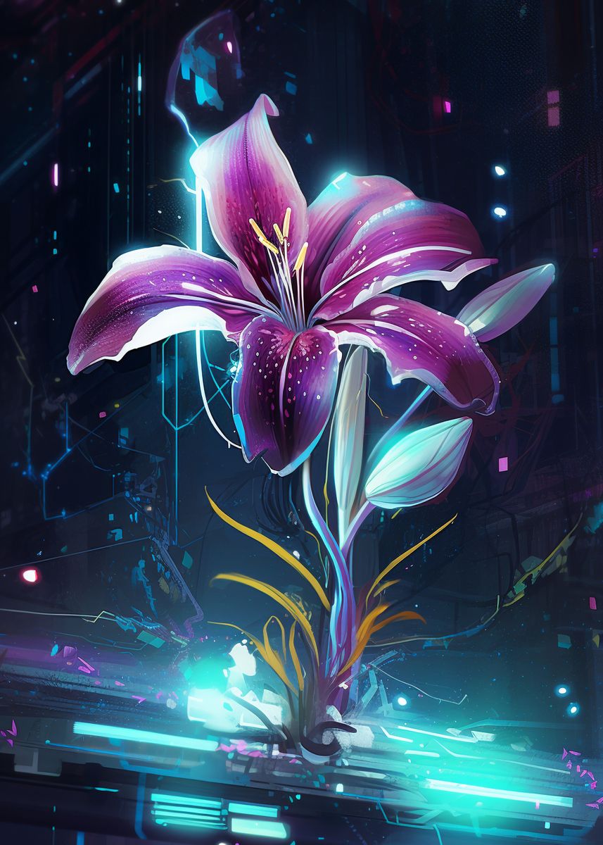 'Cyber Lily' Poster, picture, metal print, paint by Izakki | Displate