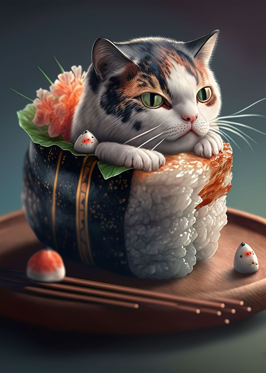 'cat sushi ' Poster, picture, metal print, paint by Peter Li | Displate
